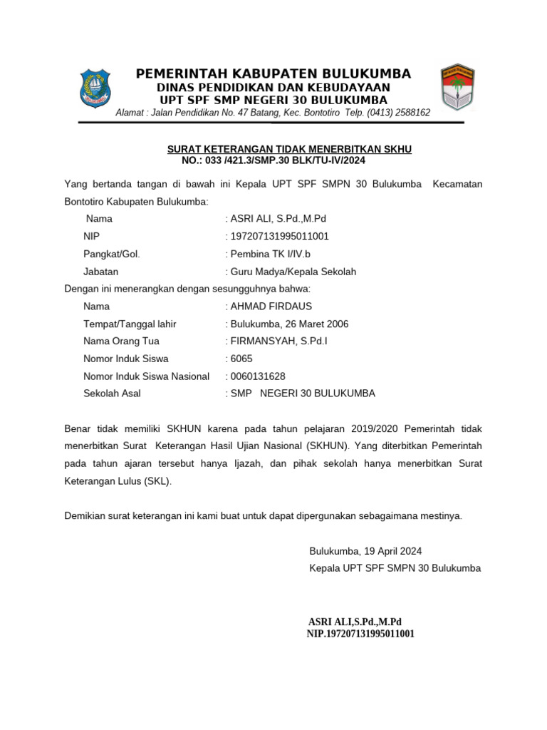 Surat Keterangan Tidak Menerbitkan SKHU | PDF