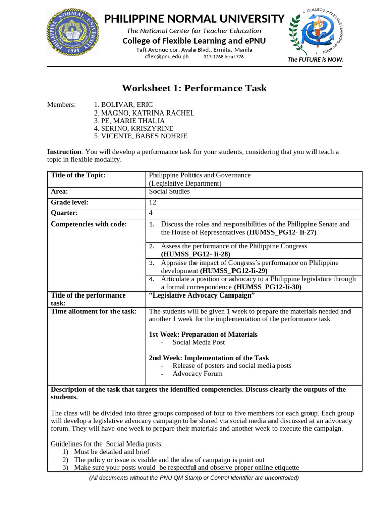 Worksheet 1 Performance Task 1 (1) | PDF
