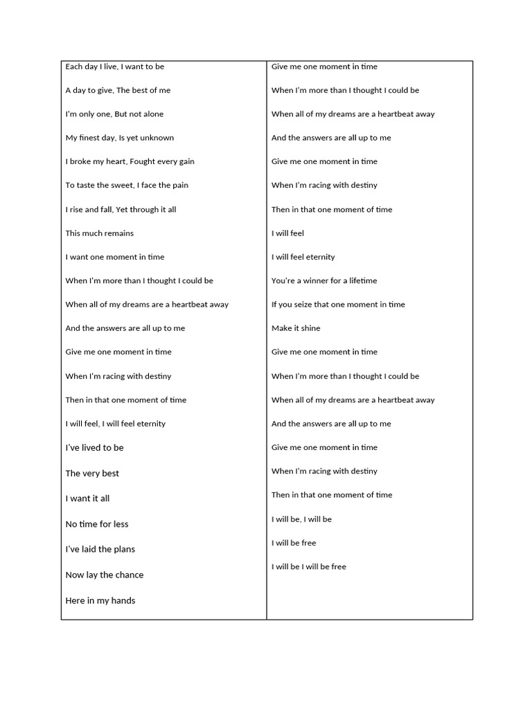 One Moment in Time Lyrics | PDF
