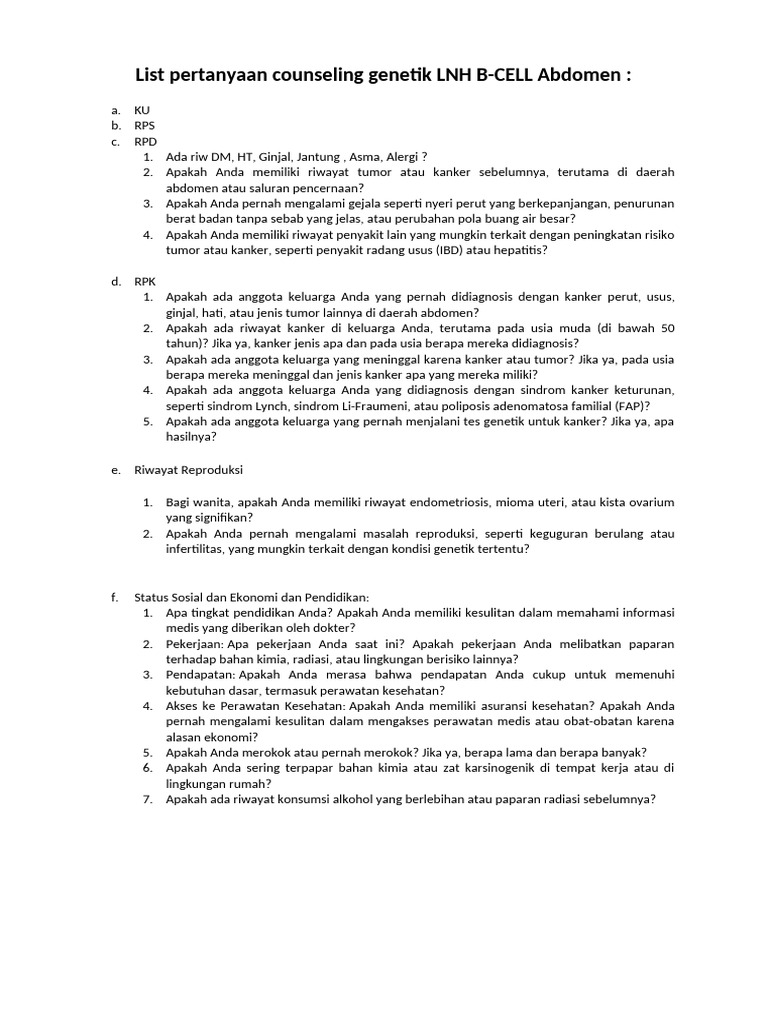 List Pertanyaan Counseling Genetik LNH B | PDF