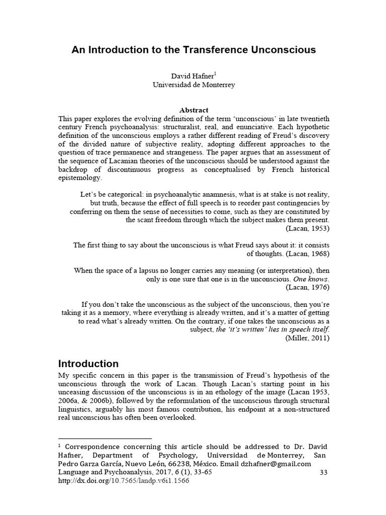 An Introduction To The Transference Unconscious | PDF