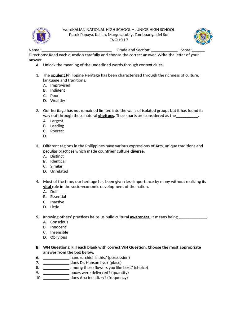 Fourth Grading Exam English 7 | PDF