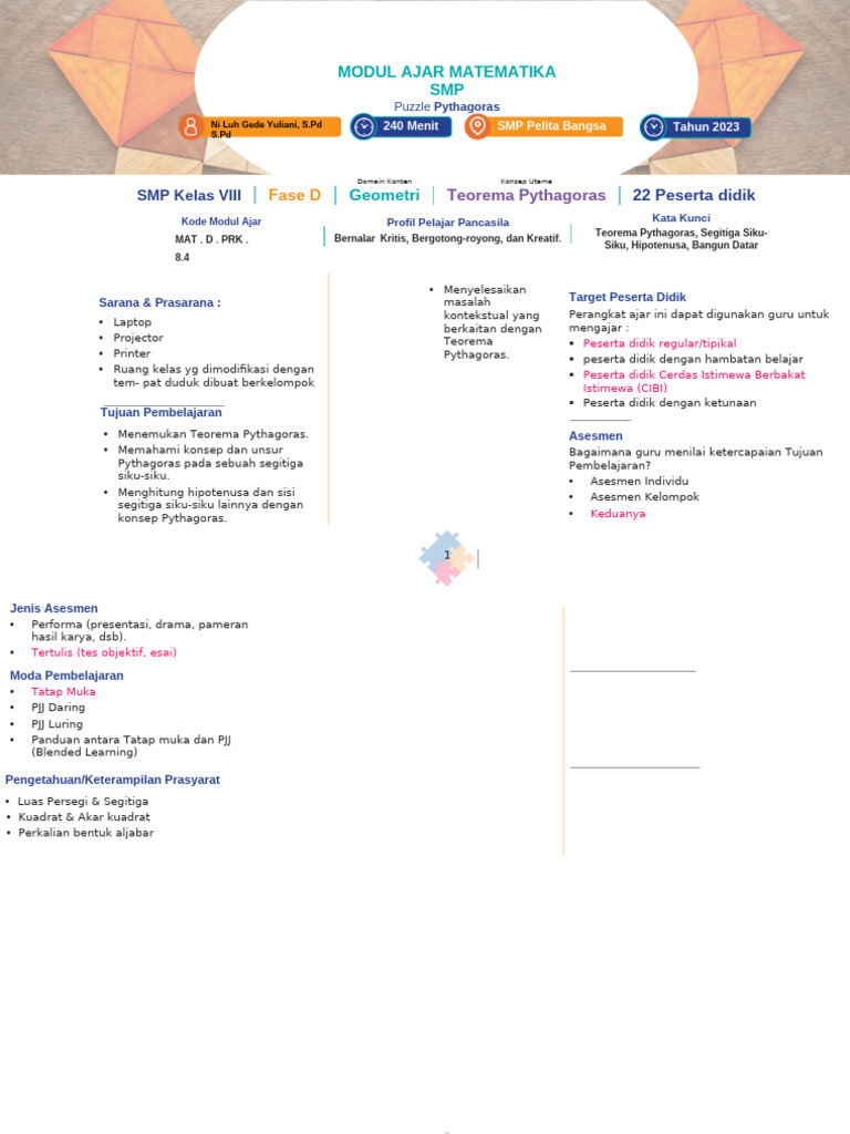 Modul Ajar Matematika Kelas Viii Bab 2 (Phytagoras) | PDF