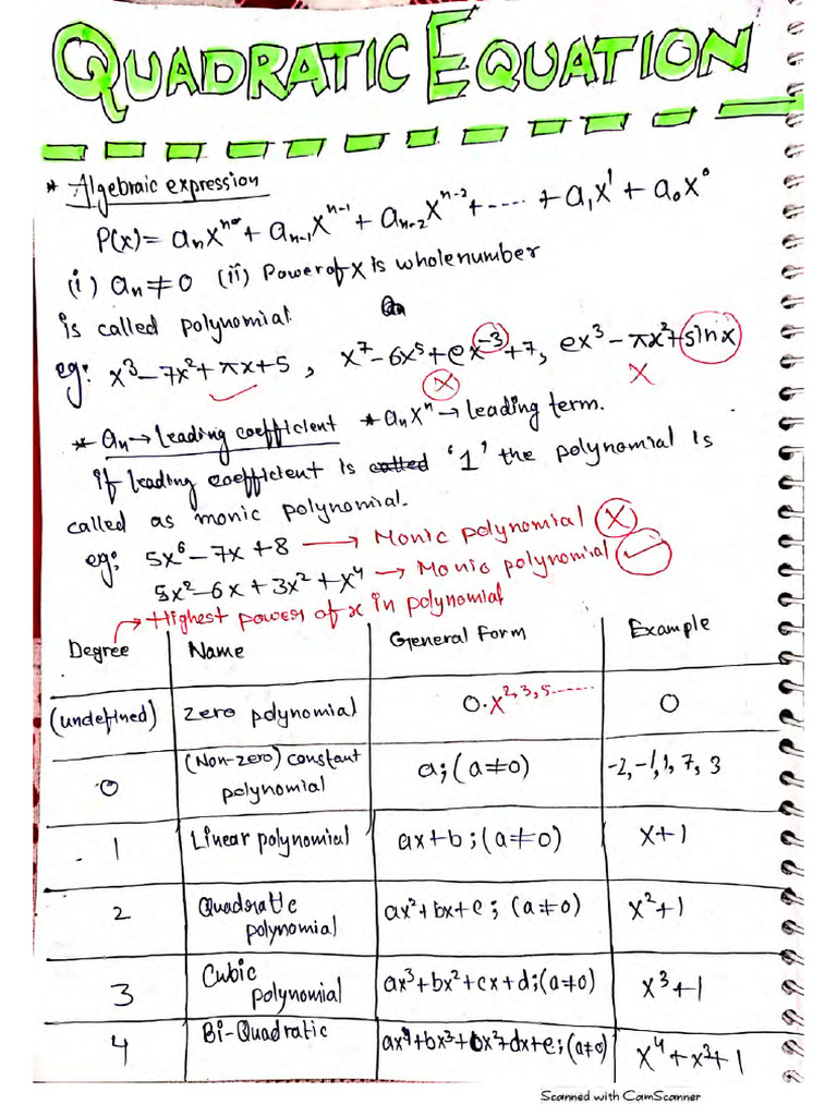 Quadratic Equation Handwritten Notes | PDF