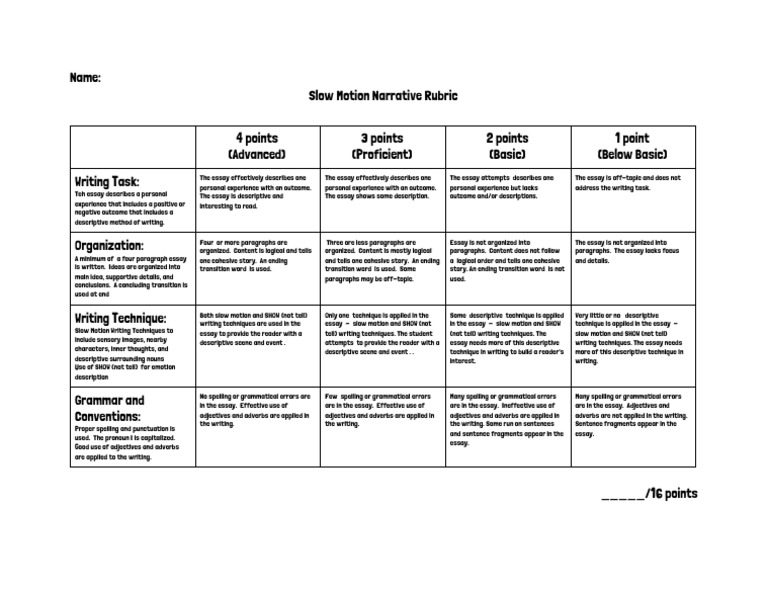Slow Motion Narrative Essay Rubric | PDF | Adverb | Adjective