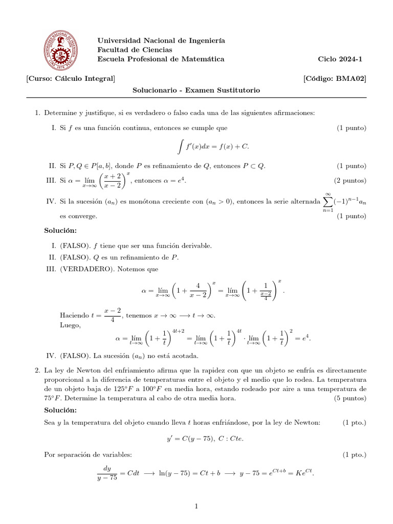 Solucionario Examen Sustitutorio Calculo Integral Uni 2024-1 | PDF