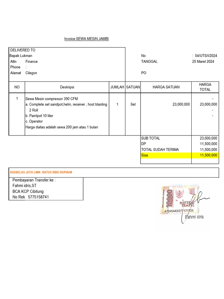 Invoice SEWA MESIN JAMBI | PDF
