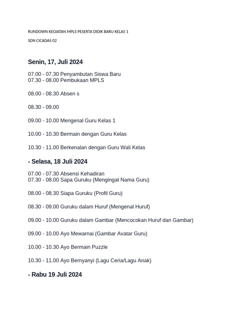 RUNDOWN KEGIATAN MPLS PESERTA DIDIK BARU KELAS 1 contoh | PDF