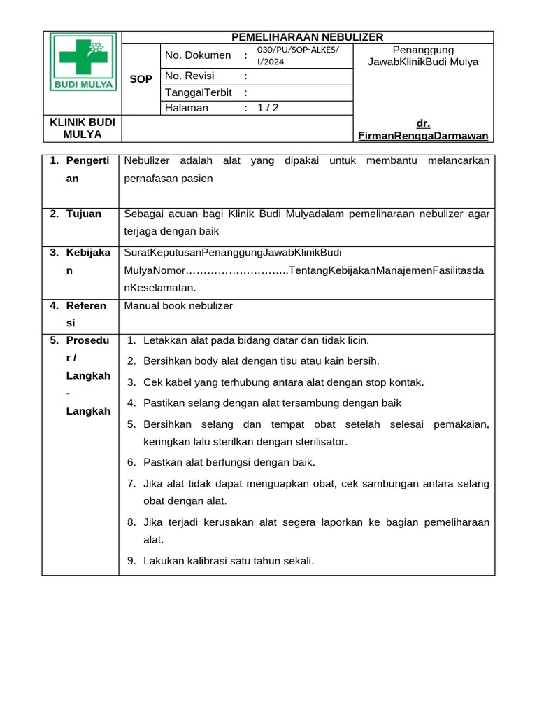 Sop Pemeliharaan Nebulizer (Iil) Oke | PDF