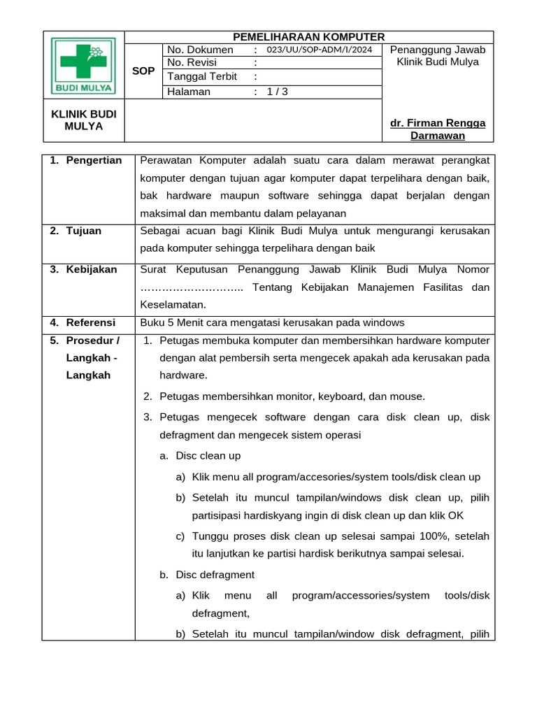 Sop Pemeliharaan Komputer (Oke) | PDF