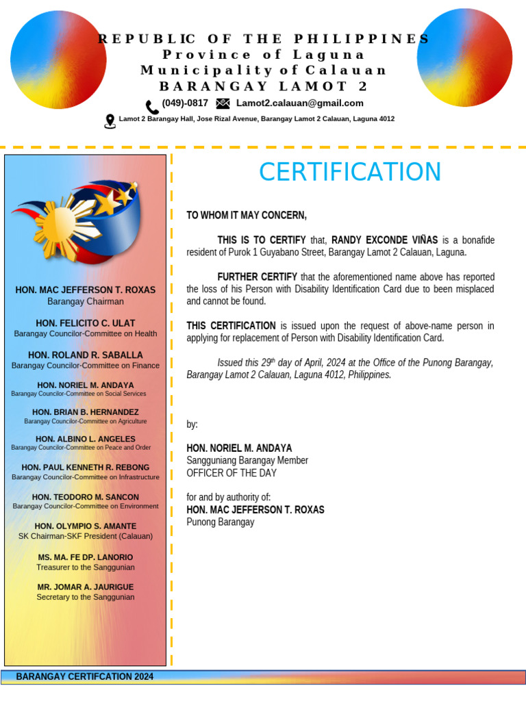 Certification For Loss Id PWD | PDF