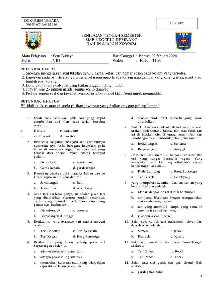 Soal PTS Senbud Genap 2024 Kls 8 OK | PDF