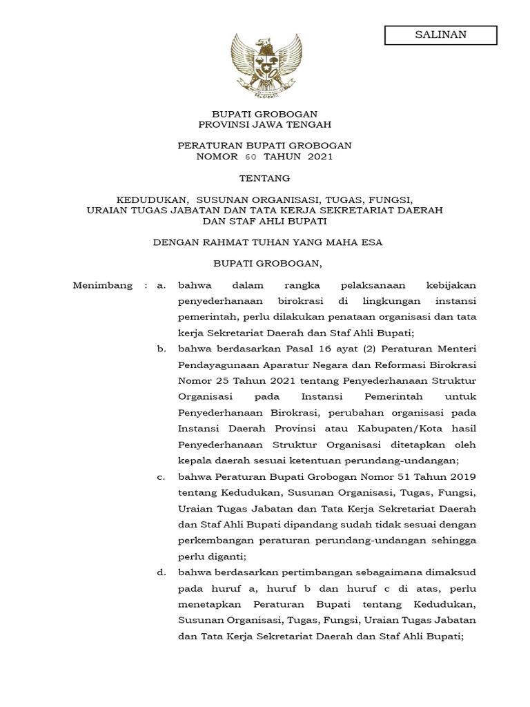 Perbup 60 TH 2021 SOTK Setda | PDF
