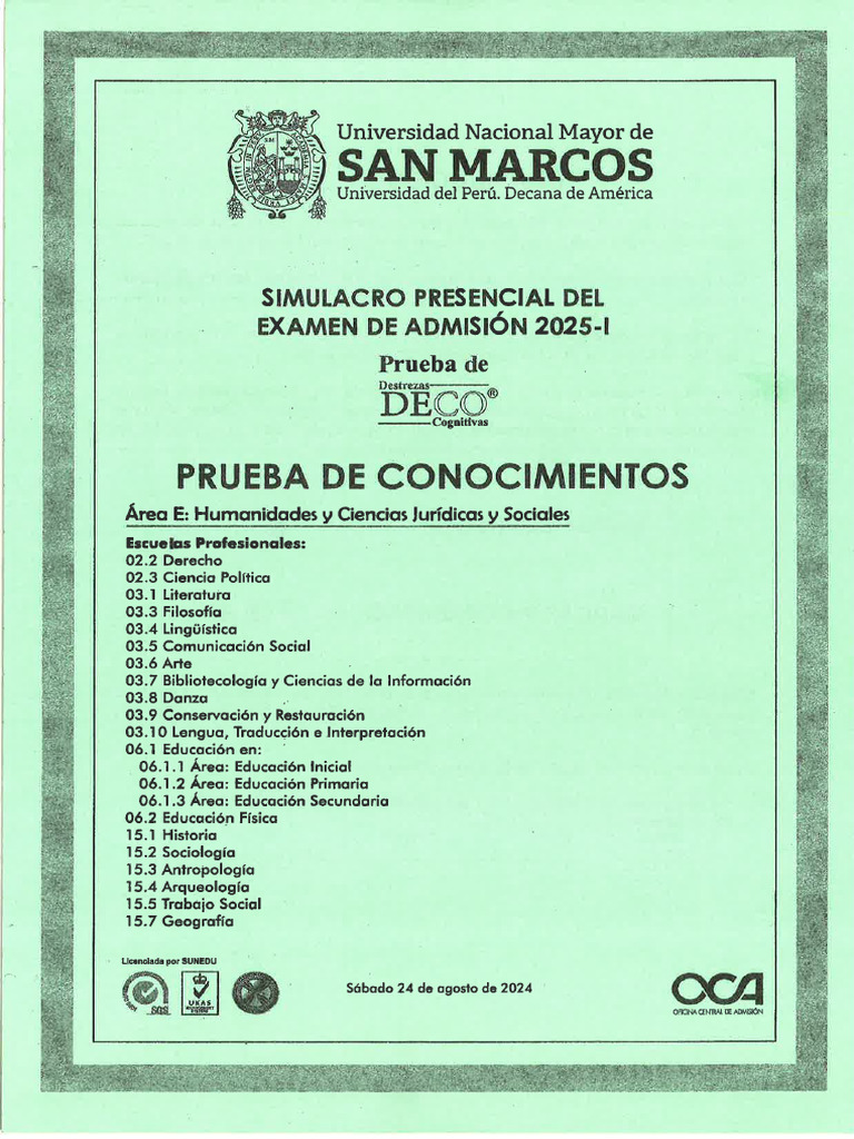 SIMULACRO DE ADMISIÓN 2025-I PRUEBA DEi CONOCIMIENTOS ÁREA E | PDF