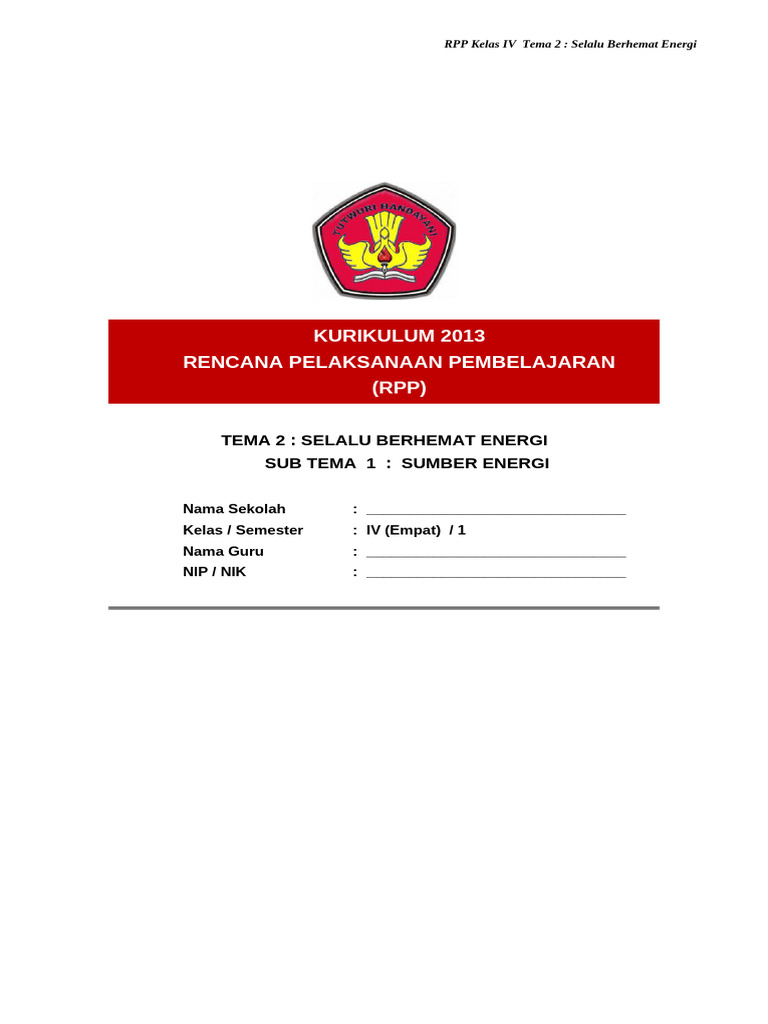 RPP Tema 2. Selalu Berhemat Energi | PDF