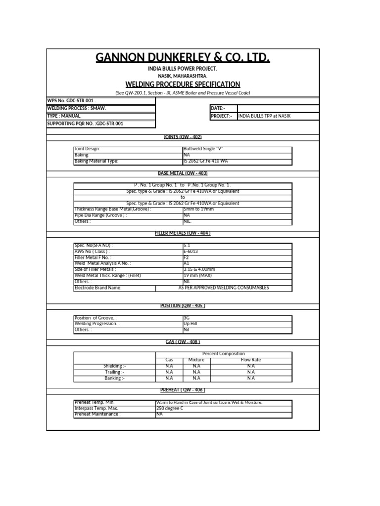 Gannon Dunkerley & Co. LTD.: Welding Procedure Specification | PDF