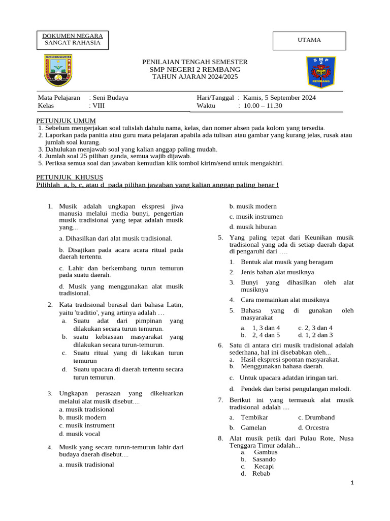 Soal PTS Senbud Ganjil 2024 Kls 8 OK | PDF
