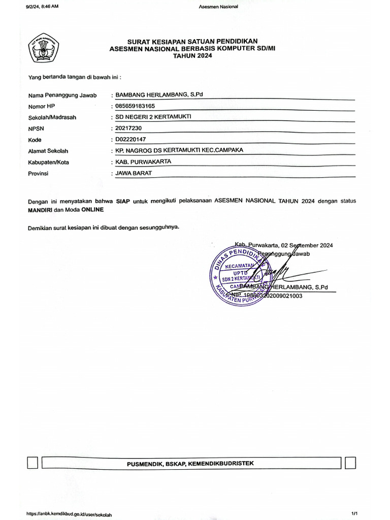 Contoh Surat Kesiapan ANBK | PDF