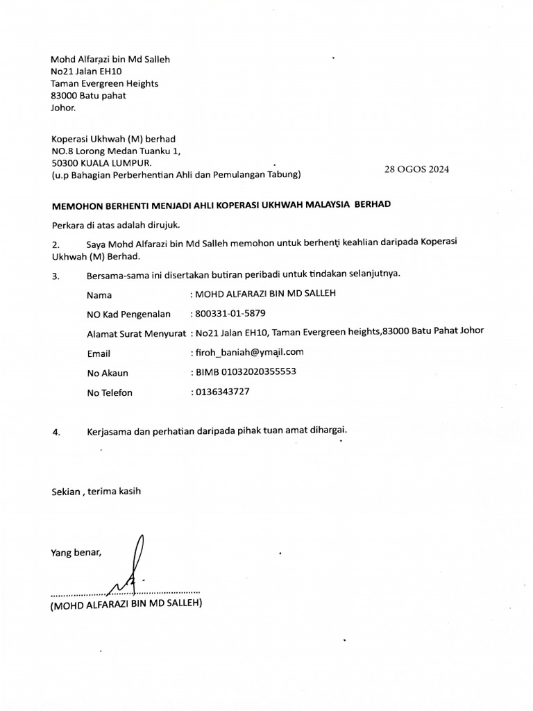 Surat Berhenti Menjadi Ahli Koperasi Ukhwah | PDF