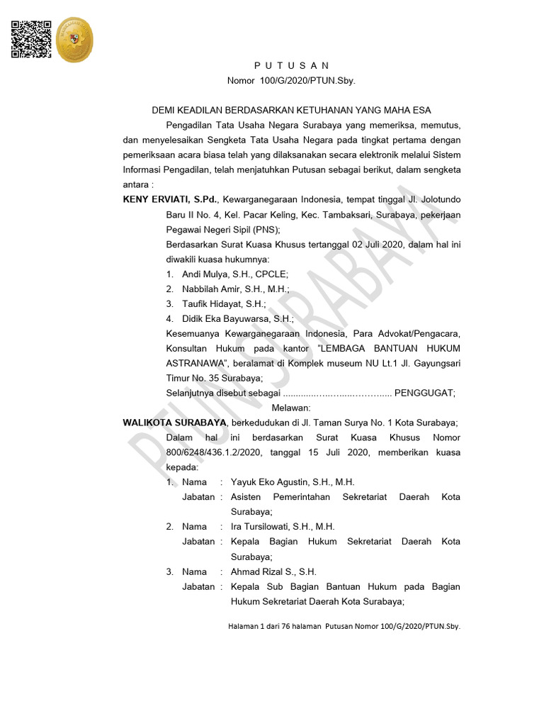 Putusan 100 G 2020 Ptun - Sby 20240829081953 | PDF