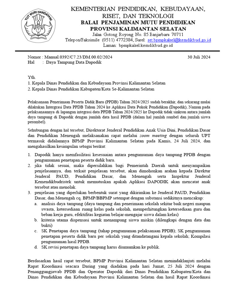 Daya Tampung PPDB Di Dapodik 2024 0392 | PDF