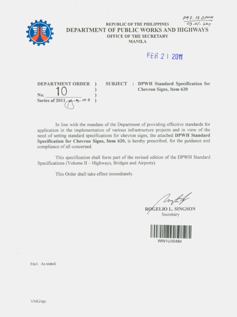DPWH Standard Specification For Chevron Signs Item 620 | PDF ...