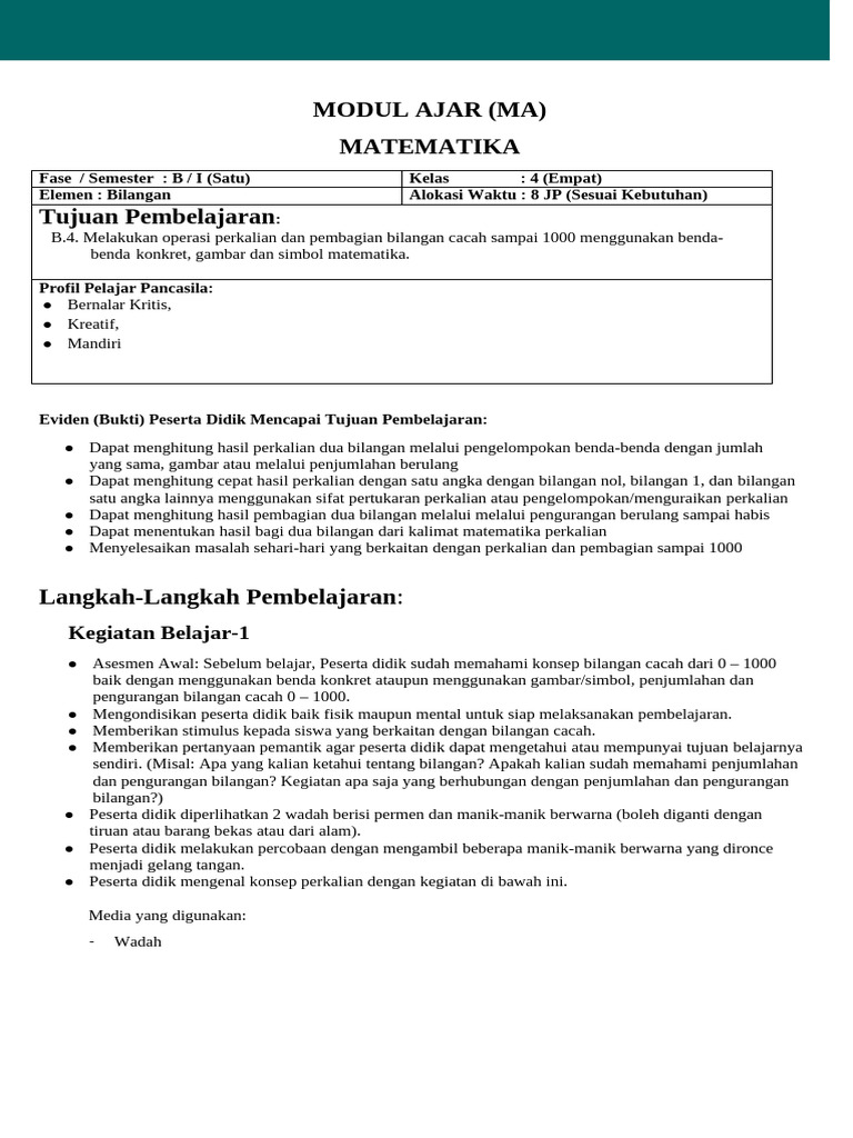 Modul Matematika Perkalian Dan Pembagian Kelas 4 | PDF