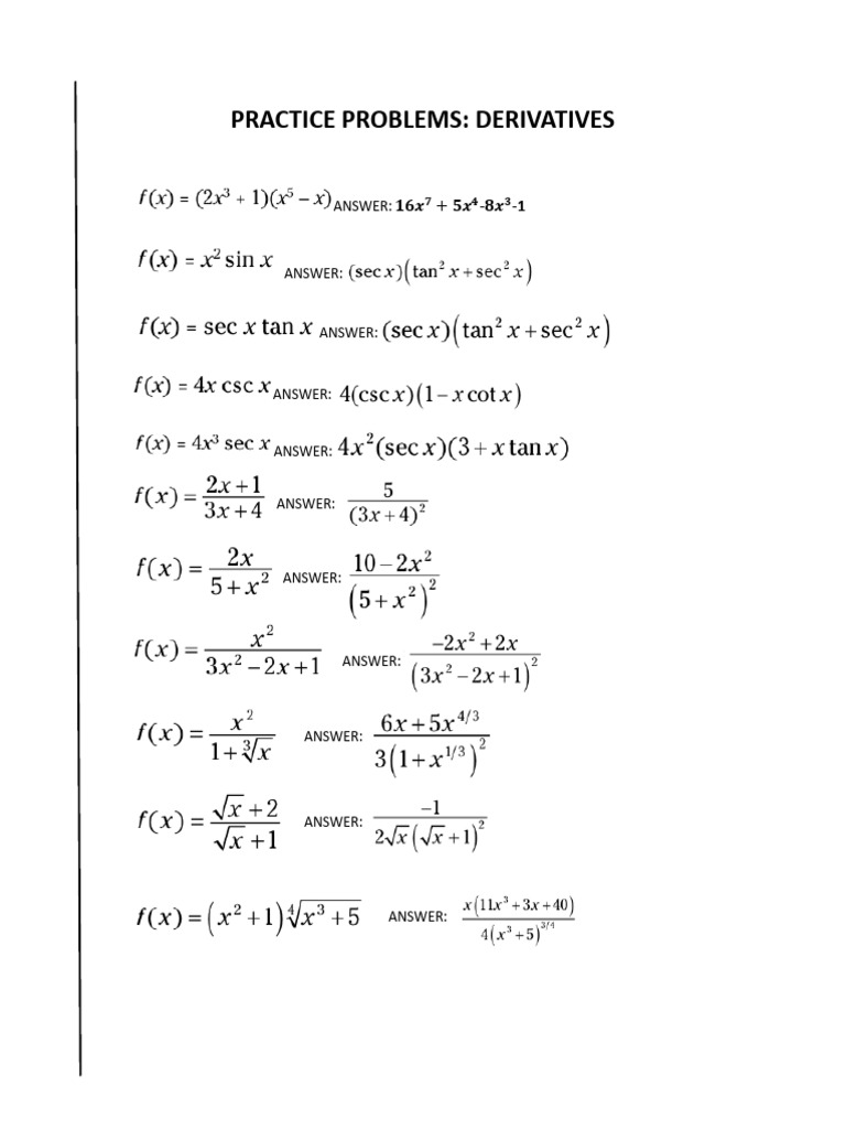 Practice Problem Derivatives | PDF