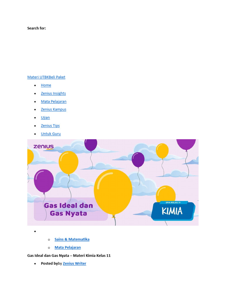 Gas Ideal Dan Gas Nyata - Materi Kimia Kelas 11 | PDF