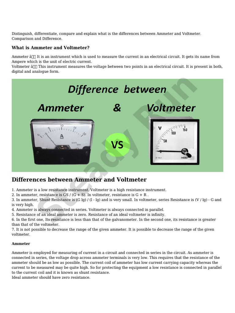 Differences Between Ammeter and Voltmeter | PDF | Voltage | Teaching ...