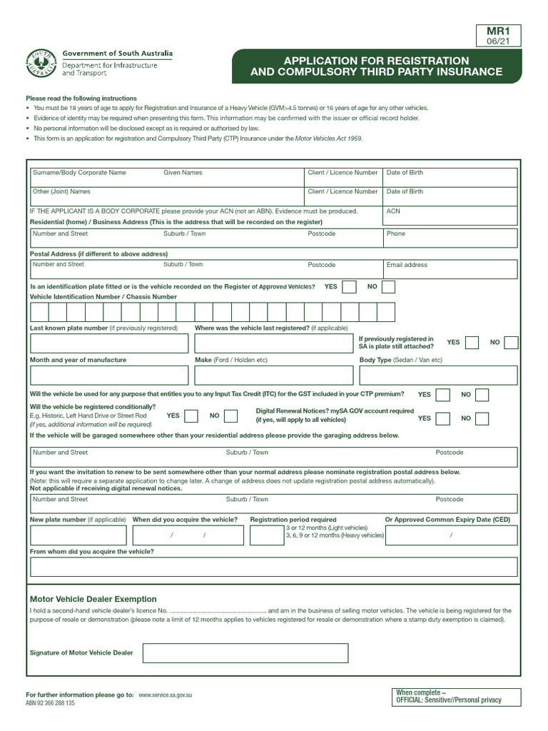 MR1 Application For Registration and Compulsory Third Party Insurance | PDF