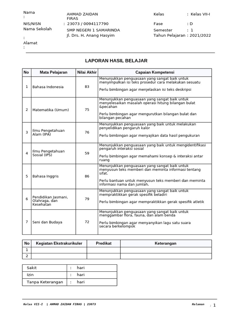 Contoh Rapor Sekolah Penggerak - WWW - Kherysuryawan.id | PDF