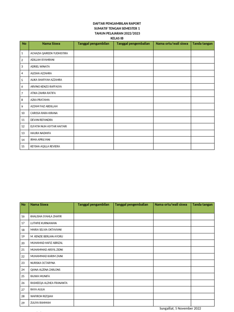 Daftar Pengambilan Raport | PDF