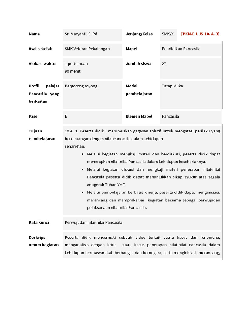 Modul Ajar Pendidikan Pancasila Fase E Kelas X 2024 | PDF
