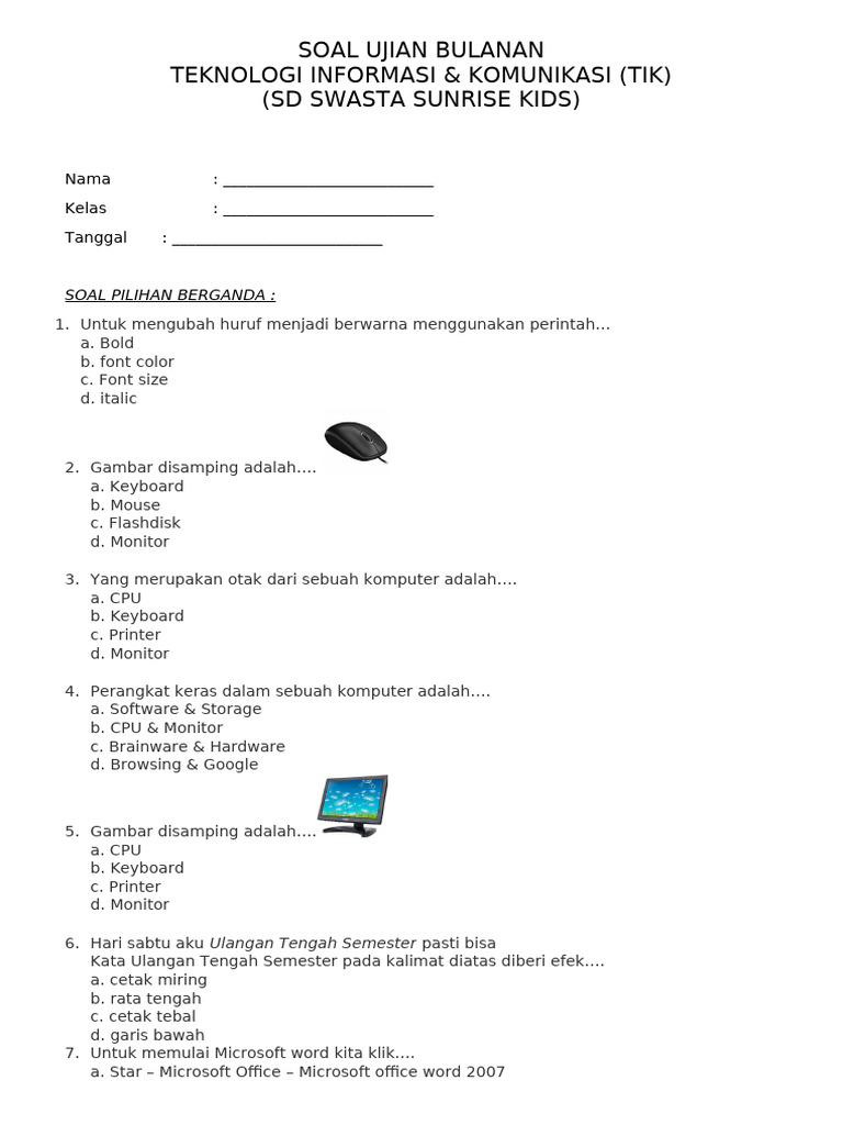 Soal Ujian Bulanan Tik 6 SD (29-08-2024) | PDF