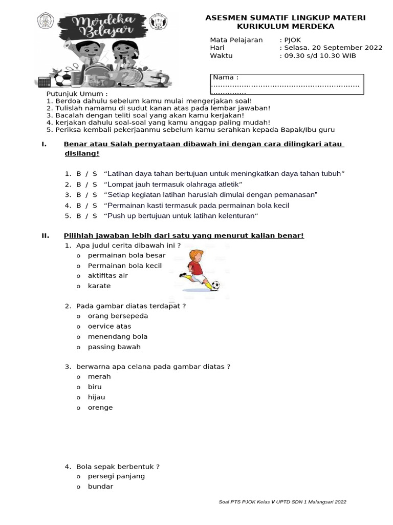 Soal PJOK Kelas 5 PTS Semester 1 | PDF