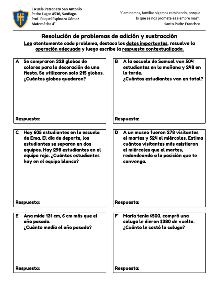 Resolución de Problemas de Adición y Sustracción | PDF