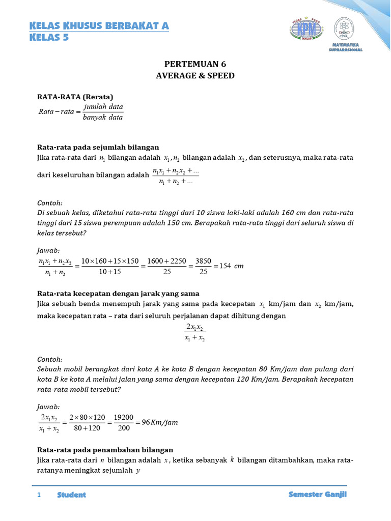 Kelas Khusus Berbakat A Kelas 5: Pertemuan 6 Average & Speed | PDF