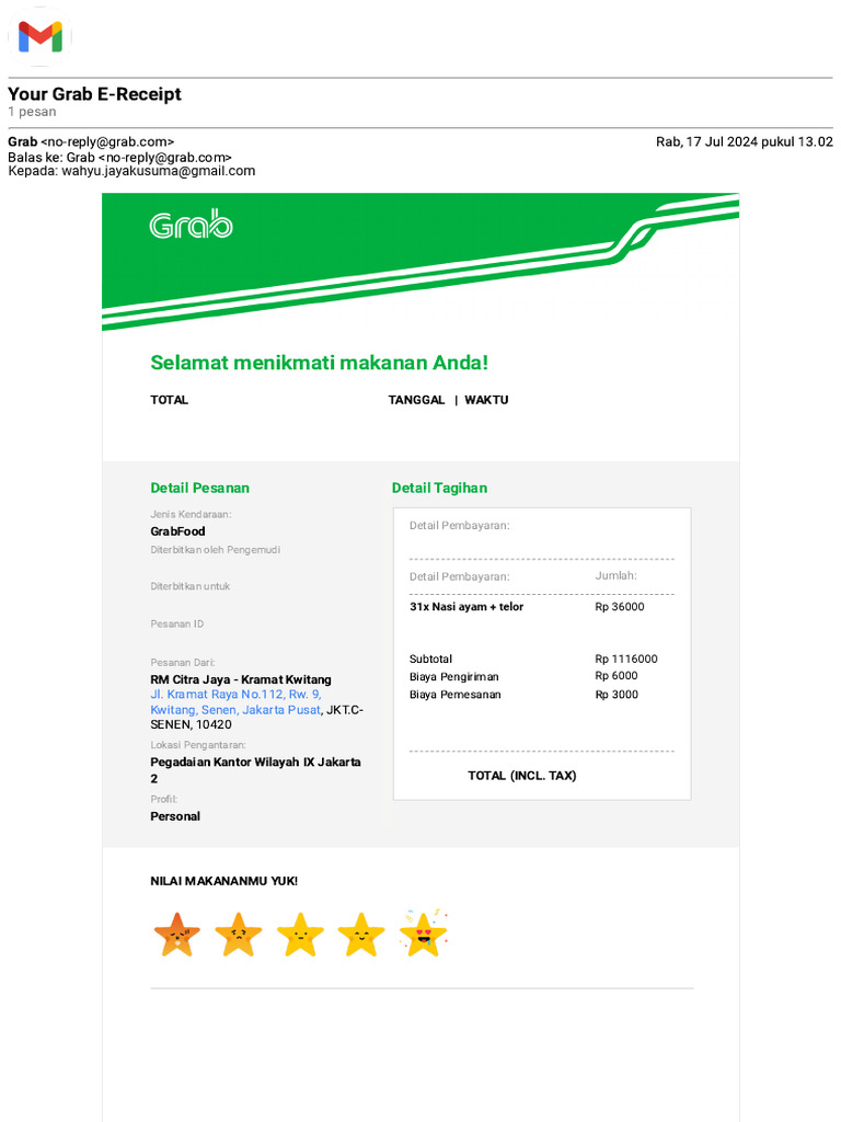 Gmail - Your Grab E-Receipt (21 Juli 2024) | PDF