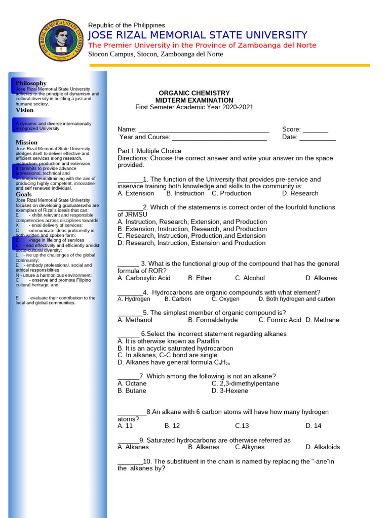 ORGANIC CHEMISTRY Midterm 2020 2021 | PDF