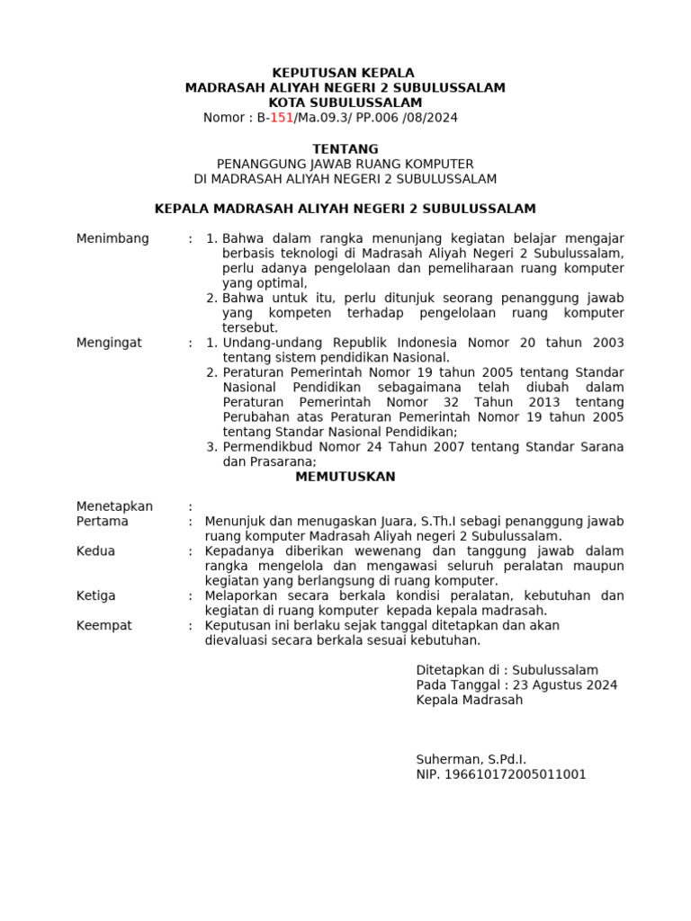 SK Penanggung Jawab Lab Komputer MAN 2 SUBULUSSALAM | PDF