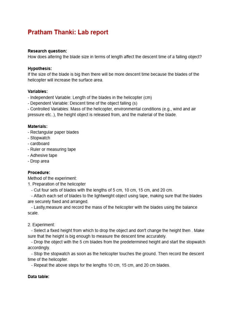 Paper Helicopter Experiment | PDF