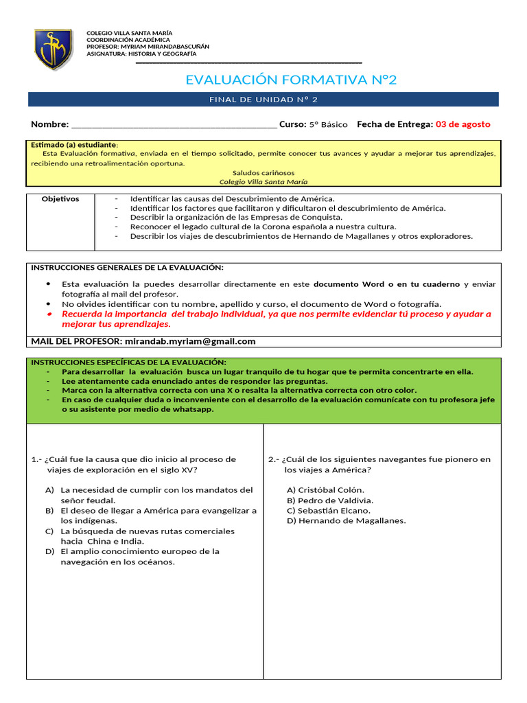 Evaluación N°2 Historia 5°B | PDF