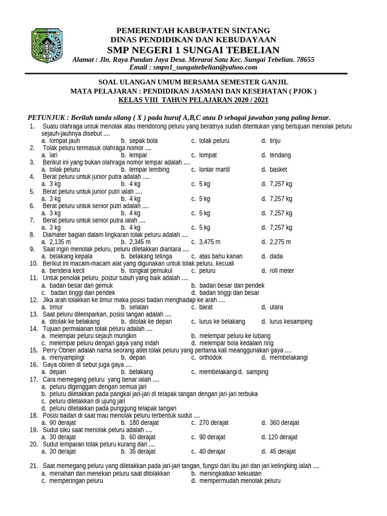 Soal Uub Pjok Semester Genap Kls 8 2019 | PDF