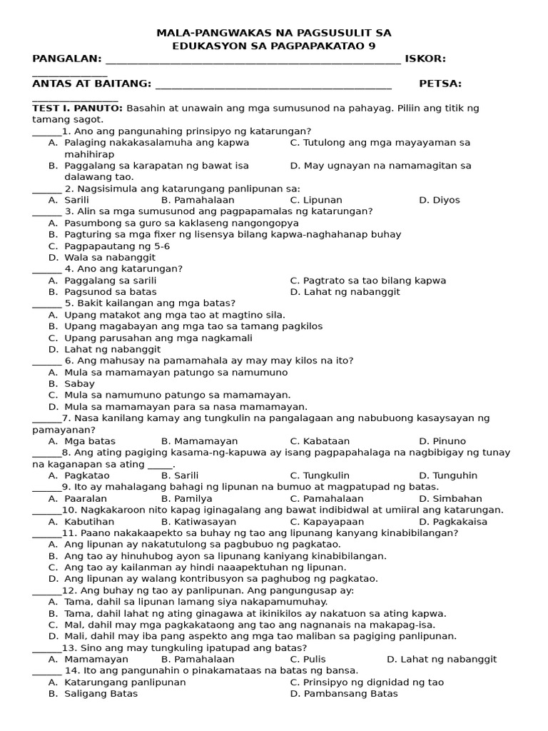 Pagsusulit Sa Katarungang Panlipunan 9 Pdf