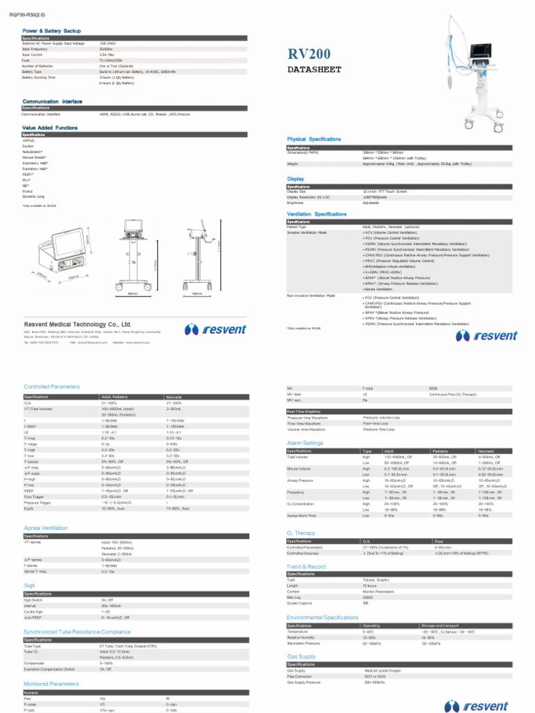 RV200 Ventilator Datasheet | PDF