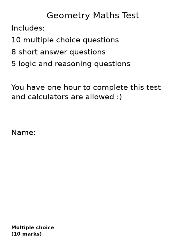 Geometry Maths Test Pdf