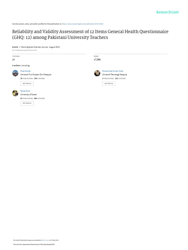 Reliability and Validity Assessment of 12 Items General Health ...