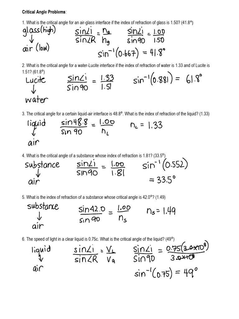 Critical Angle Calculations and Problems | PDF