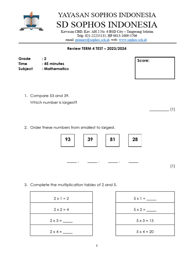 Review G2 Mathematics Written Term 4 Test Pdf